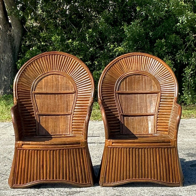 Vintage Coastal Split Rattan Fan Back Chairs - a Pair | Chairish