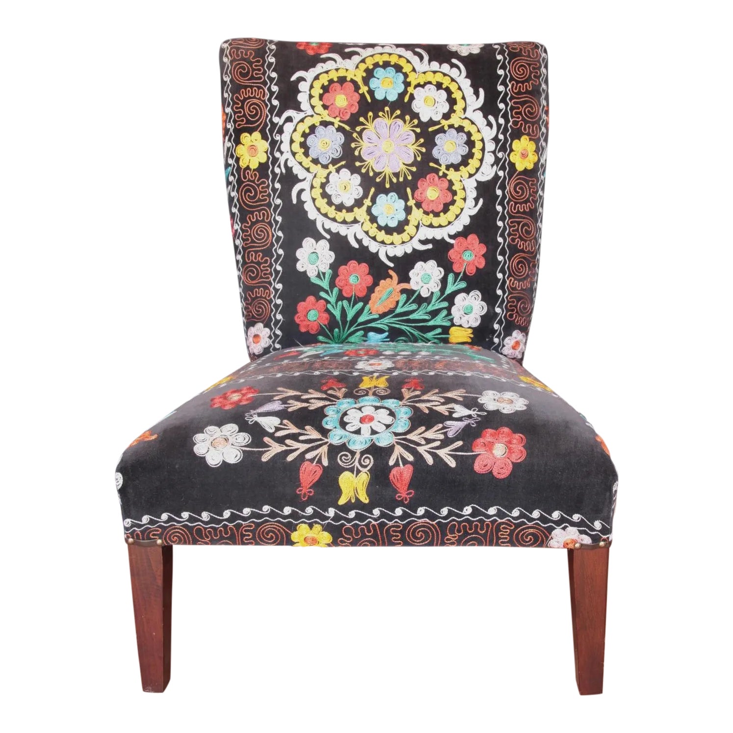 Folk Art Patterned Velvet Upholstery Slipper Chair | Chairish