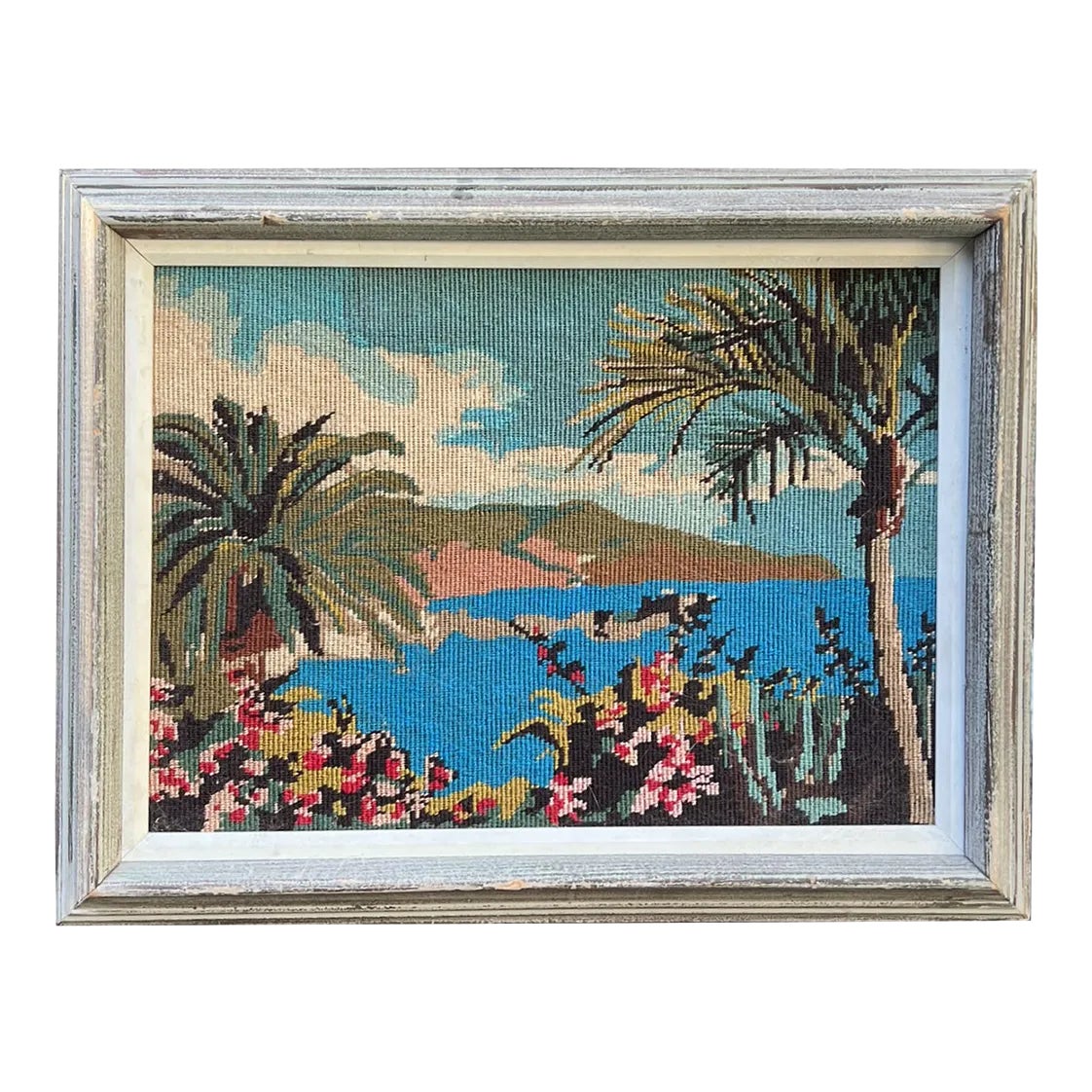 Vintage Tropical Palm Tree Island Handmade Textile Art in Needlepoint ...
