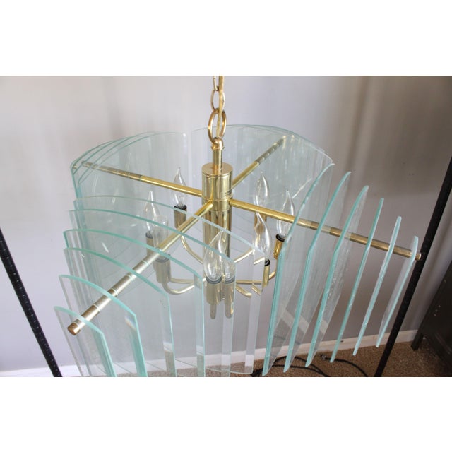 1990's Art Deco Brass and Glass Panel 8 Light Art Deco Chandelier by ...