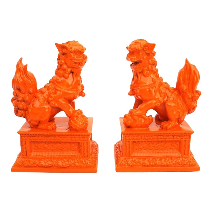 Vintage Modern Orange Foo Dog Figurines - Male and Female Guardian ...