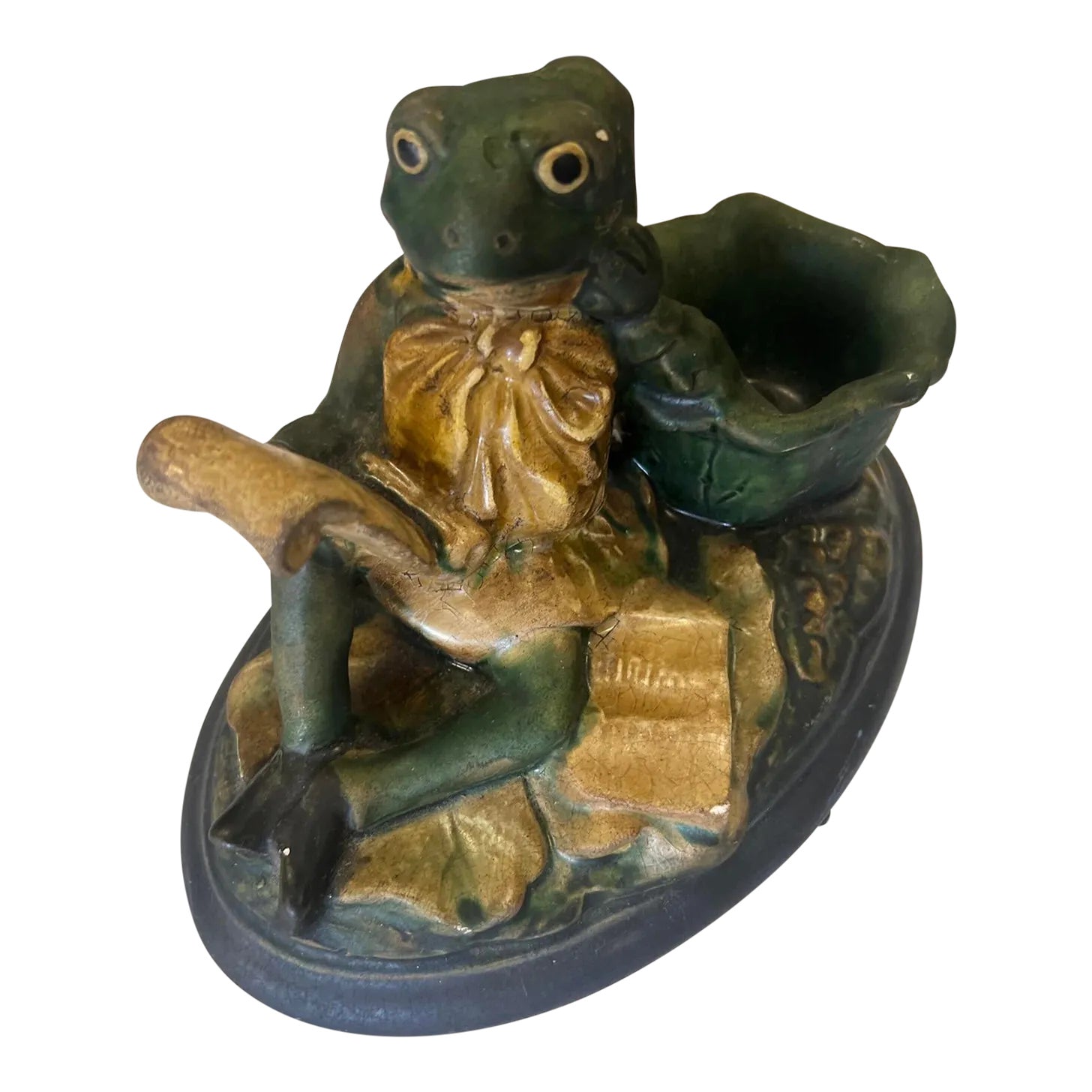 Vintage Late 20th Century Frog on Lily Pad and Reading a Scroll | Chairish