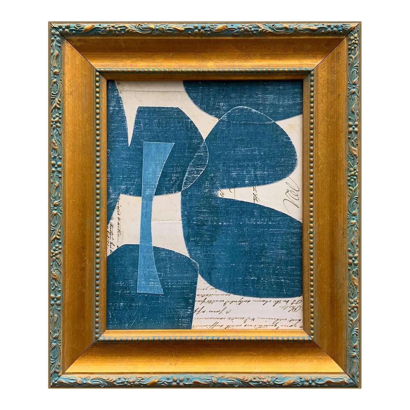 Contemporary Blue Abstract Collage in Vintage Gold Frame | Chairish