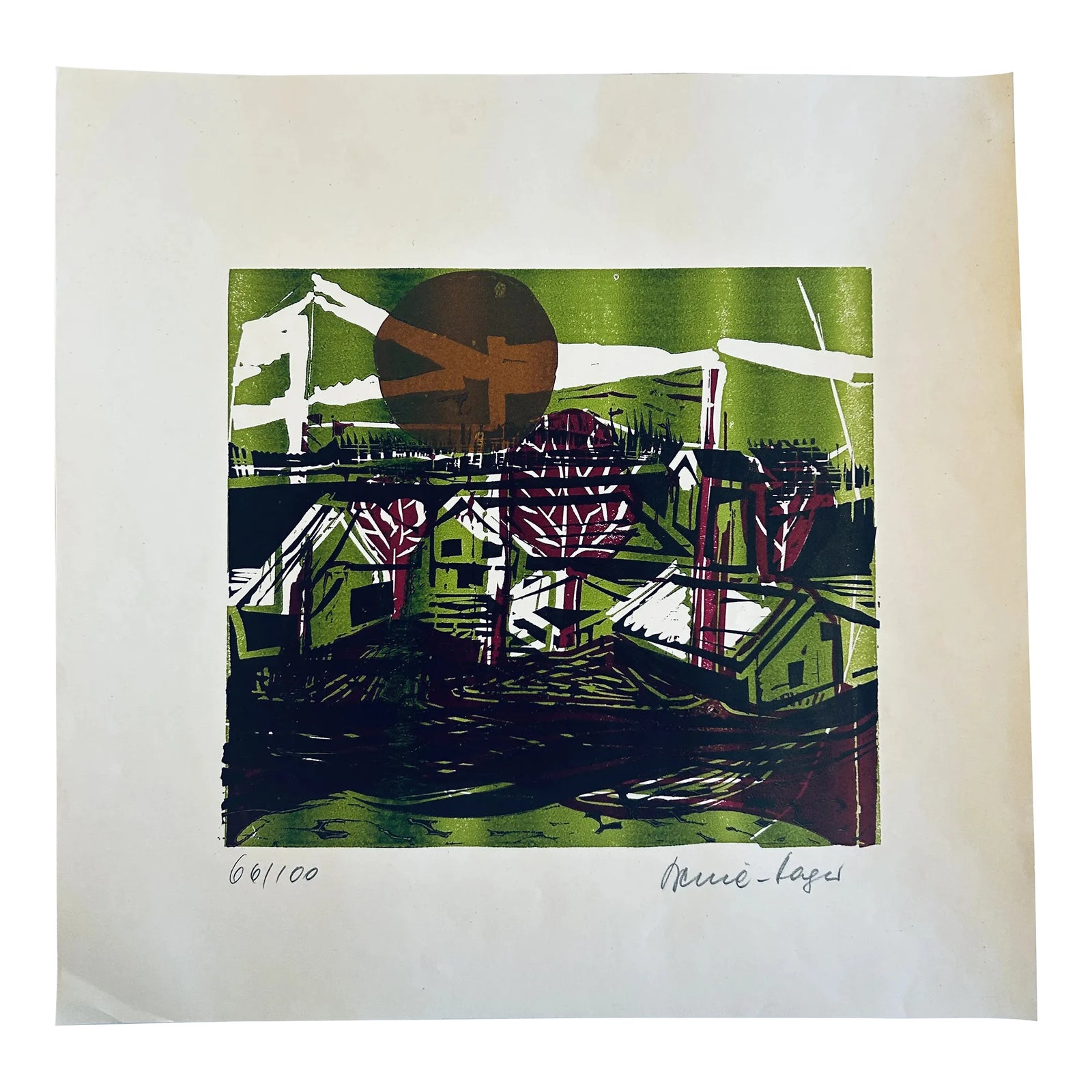 Mid Century German Woodblock Print of a Town by Maria Beine Hager ...