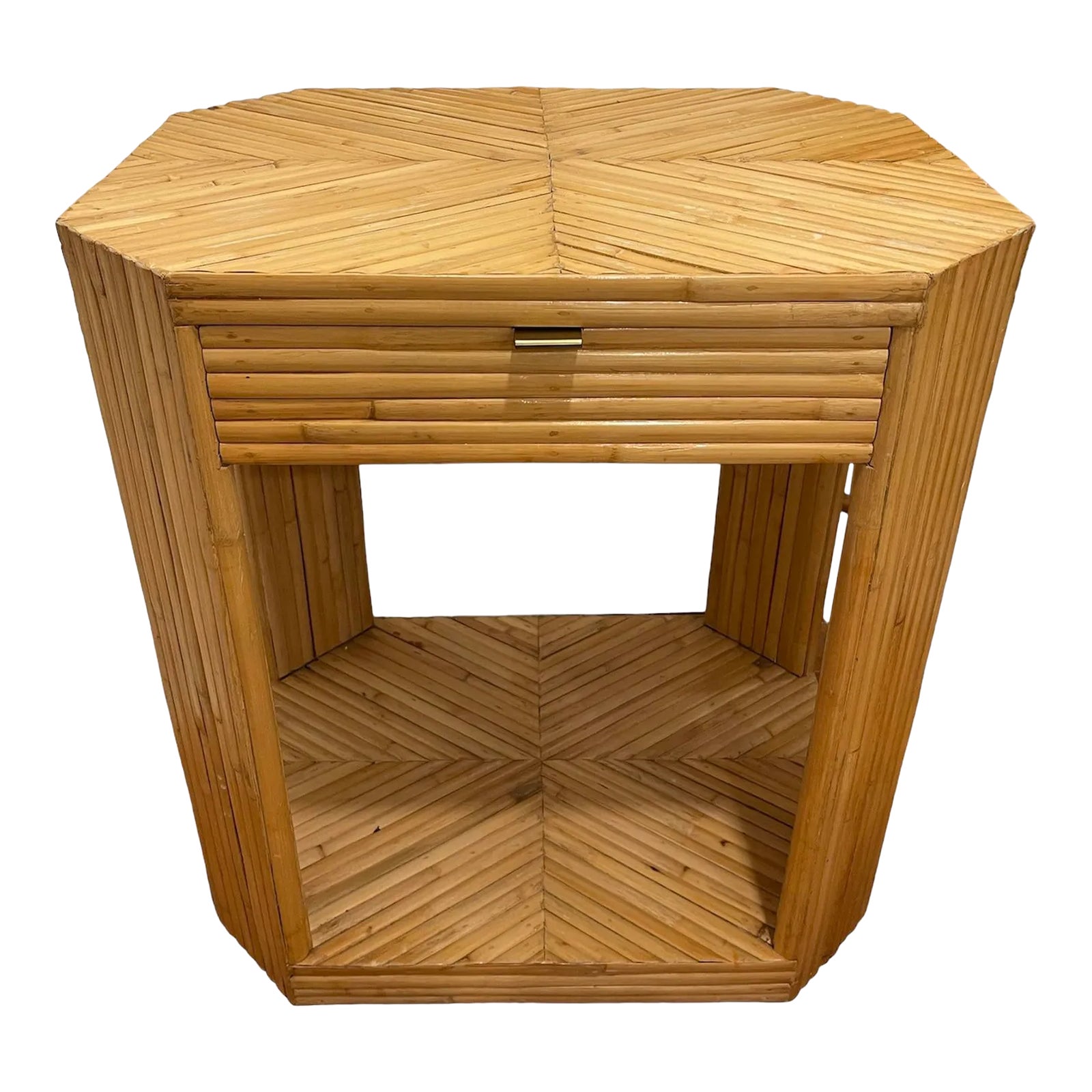 Vintage Split Bamboo Chevron Side Table With Drawer | Chairish