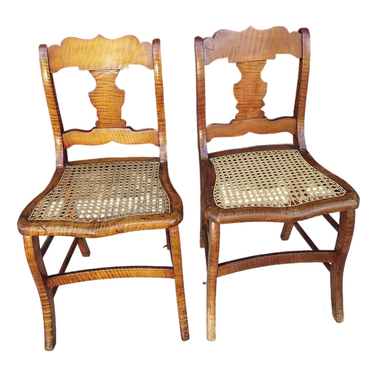 Matching Pair of Antique Tiger Maple Chairs With Cane Seats | Chairish