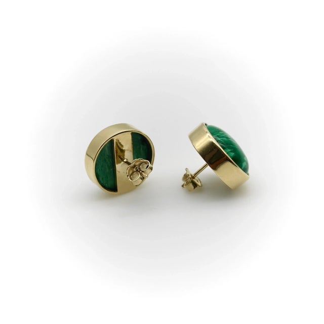 14k Gold Signature Malachite Button Earrings - 2 Pieces | Chairish