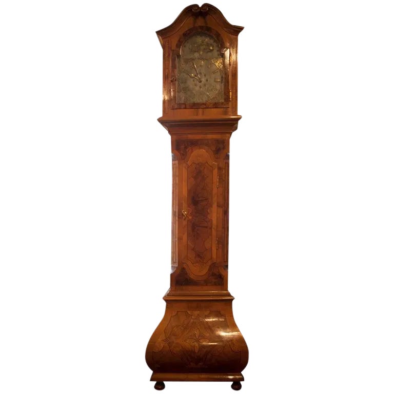 German Baroque Style Inlaid Walnut Tall Case Clock, 19th Century | Chairish