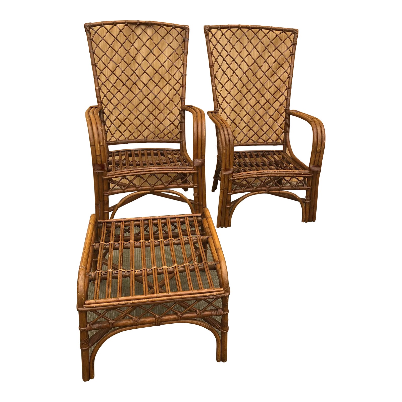 1970s Vintage Weaved Rattan High Back Lounge Chairs & Rattan Ottoman ...