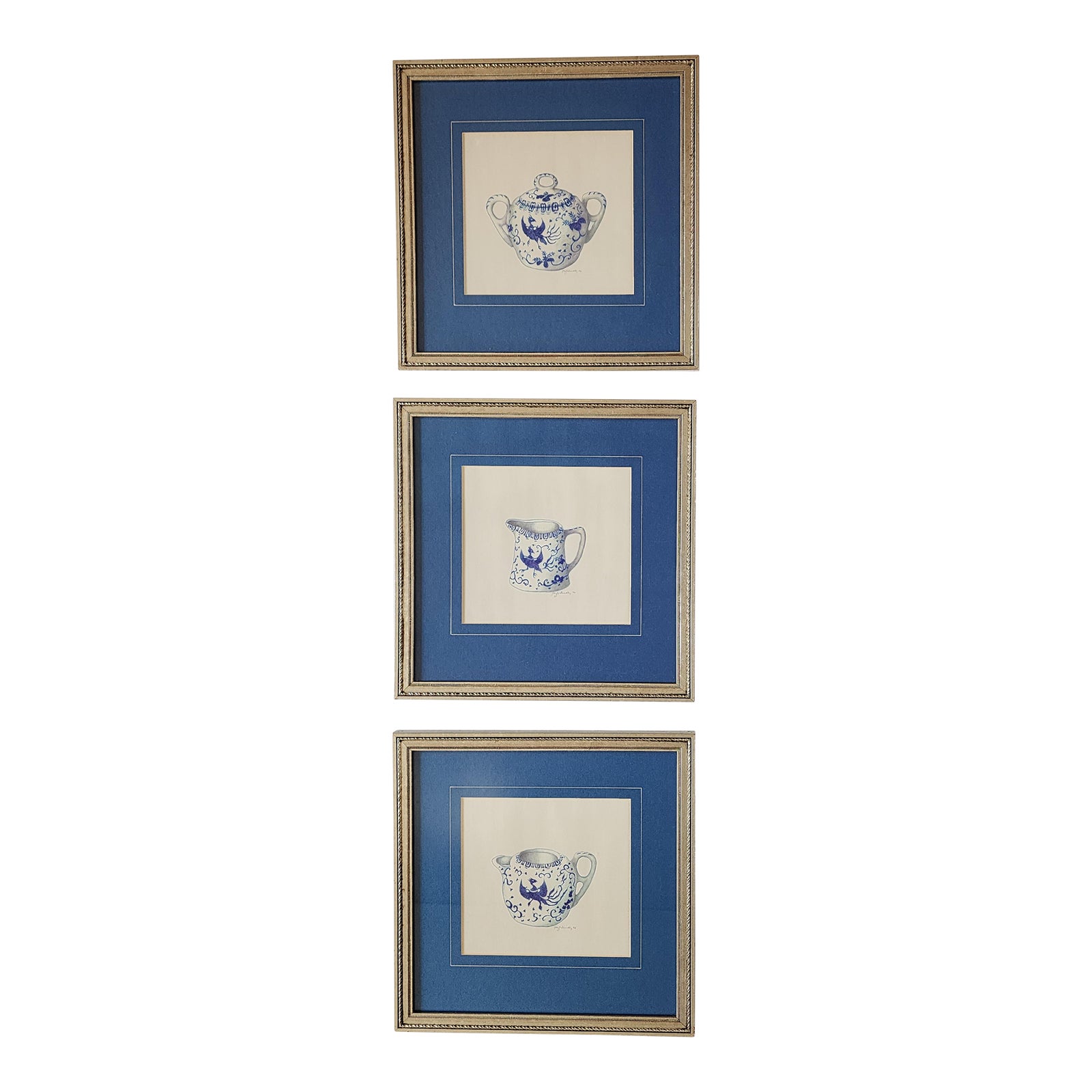 Vintage Chinoiserie Style Framed Blue & White Porcelain Tea Set ...