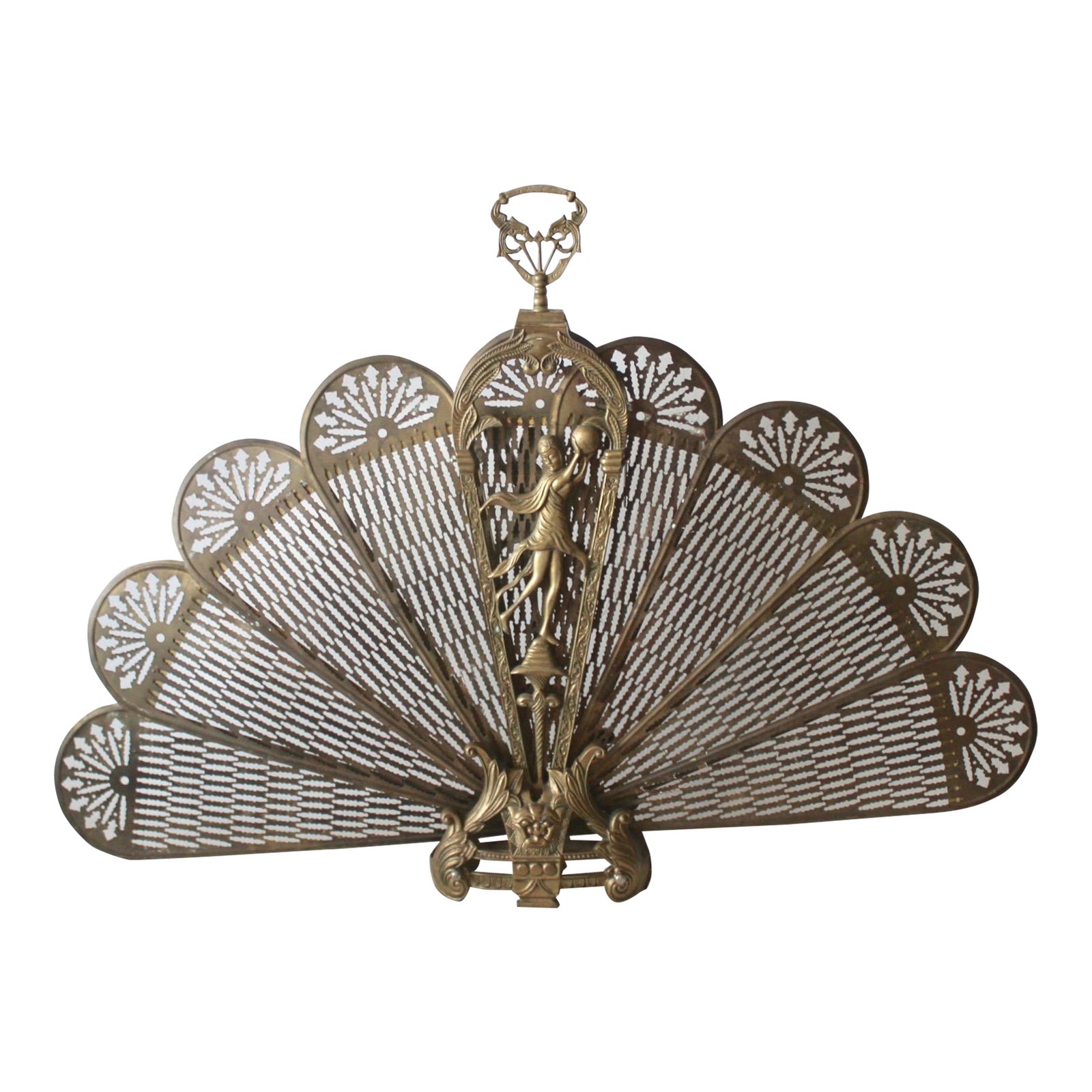 Large French Style Brass Figural Pierced & Chased Folding Fan Fireplace ...
