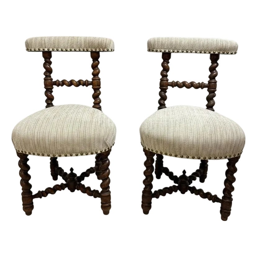 18th Century Pair of Oak Boudoir Barley Twist Leg Chairs | Chairish