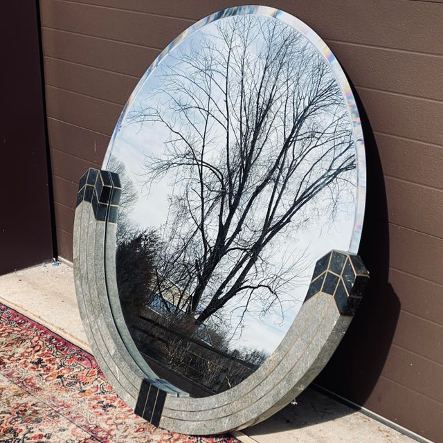 Postmodern Circular Wall Mirror in Tessellated Stone Demilune Frame ...
