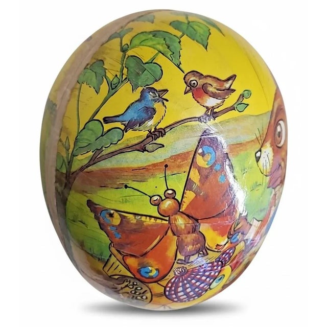 Vintage German Paper Mâché Easter Egg — XL 10" Bunny Painting Scene ...