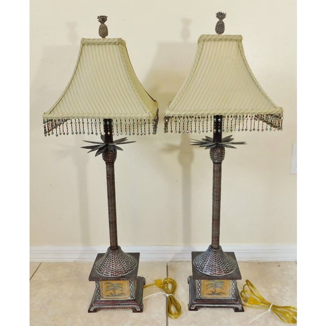 Pair Tall Vintage Palm Beach Style Palm Tree Table Lamps Beaded Silk ...