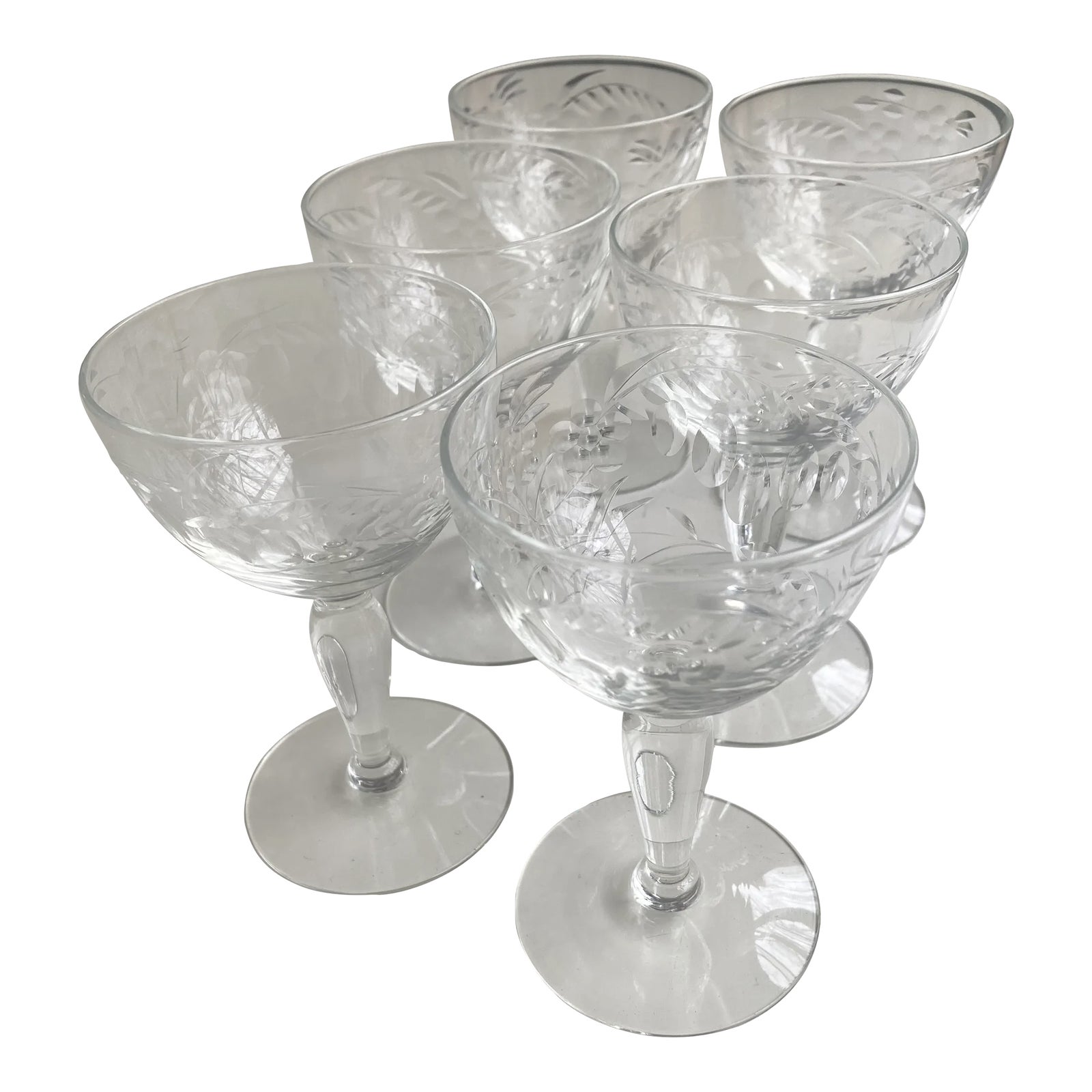 Vintage Floral Etched Clear Glass Cocktail, After Dinner Glasses- Set ...