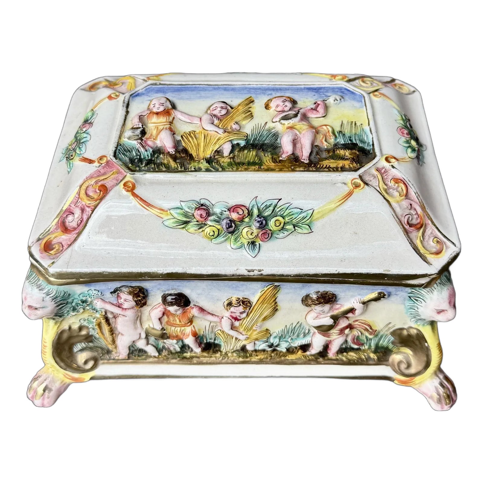 Antique Italian Capodimonte Porcelain Footed Jewelry Box With Floral ...