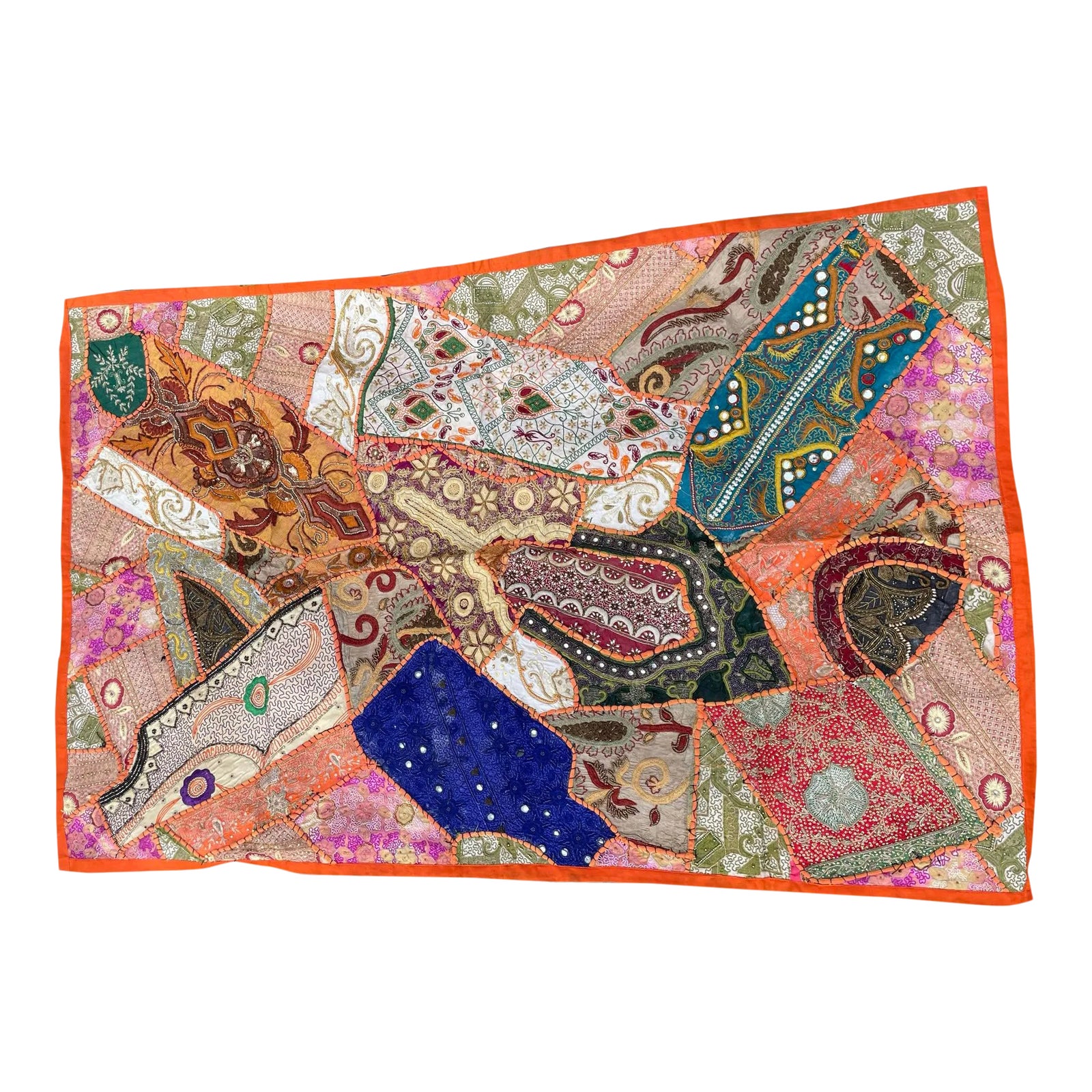 2000s Indian Orange & Beige Hand-Embroidered Tapestry Wall Decor | Chairish