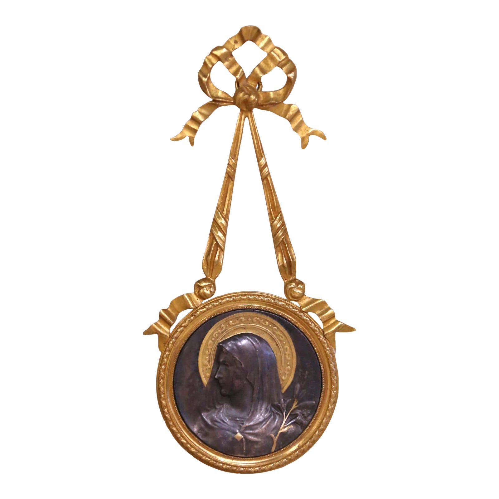 19th Century French Two-Tone Bronze Virgin Mary Wall Medallion With ...