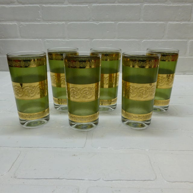 Vintage Starlyte Green & Gold Banded Highball Tumbler Glass Set of 6 ...
