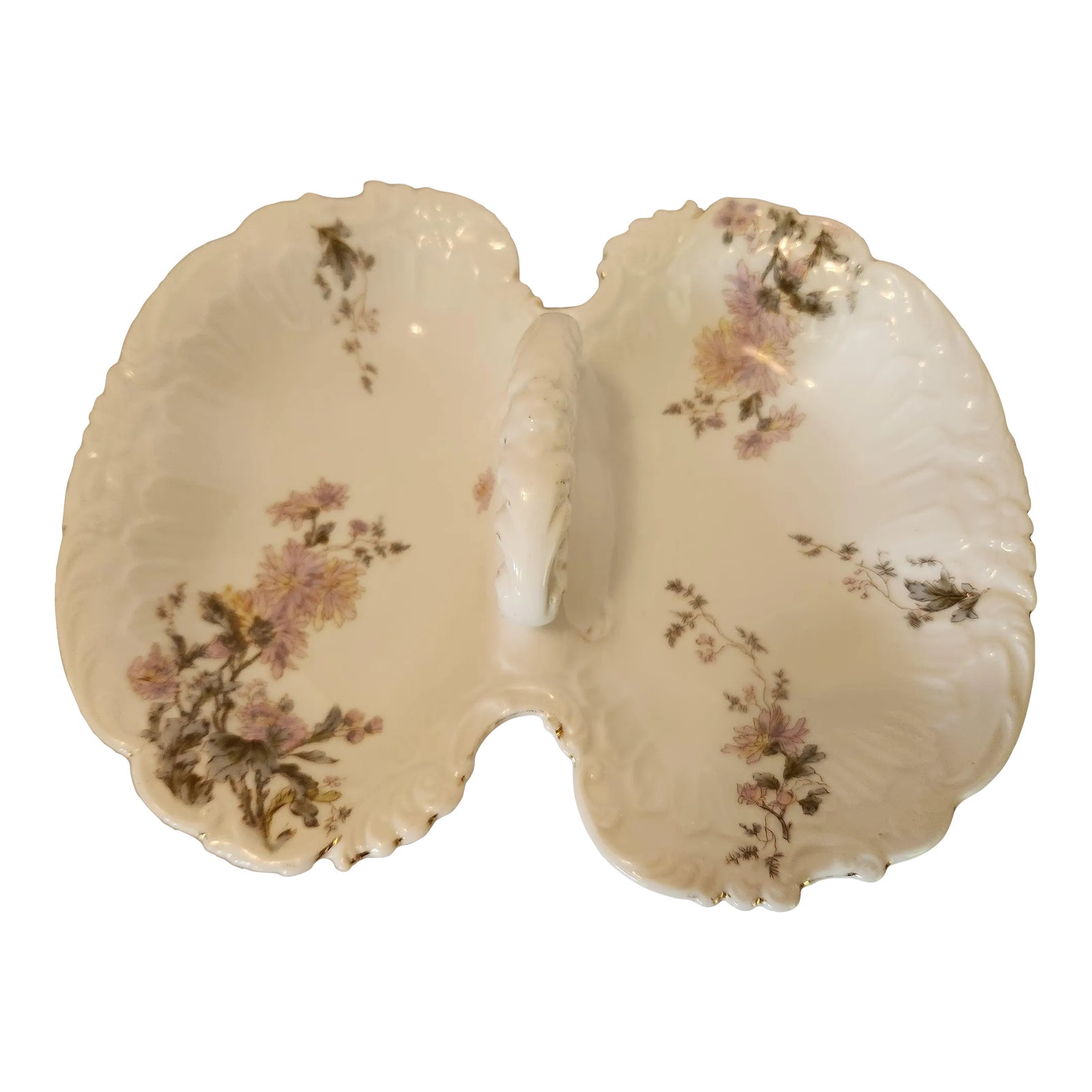 Antique Hand-Painted Porcelain Divided Relish with Handle Zeh Scherzer Deer-Tree Germany Mark ...