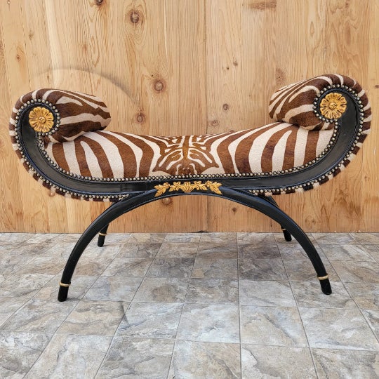 Antique Regency Style Ebonized Scroll-Arm Bench Newly Upholstered ...