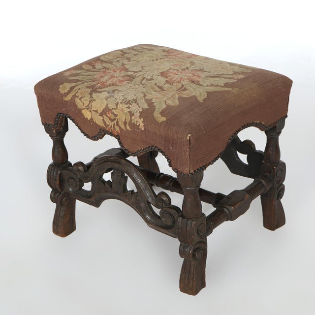 Early Antique English Carved Walnut & Needlepoint Bench Stool, Circa ...