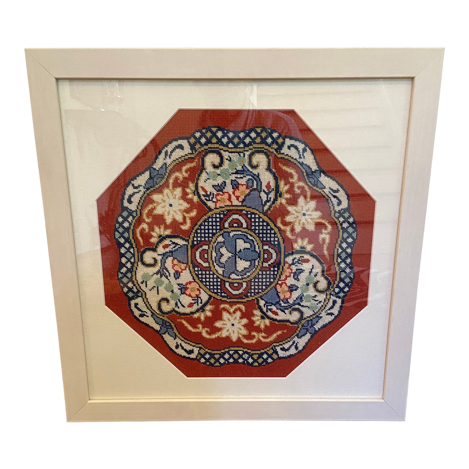 Chinoiserie Style Framed Needlepoint in Imari Colors | Chairish