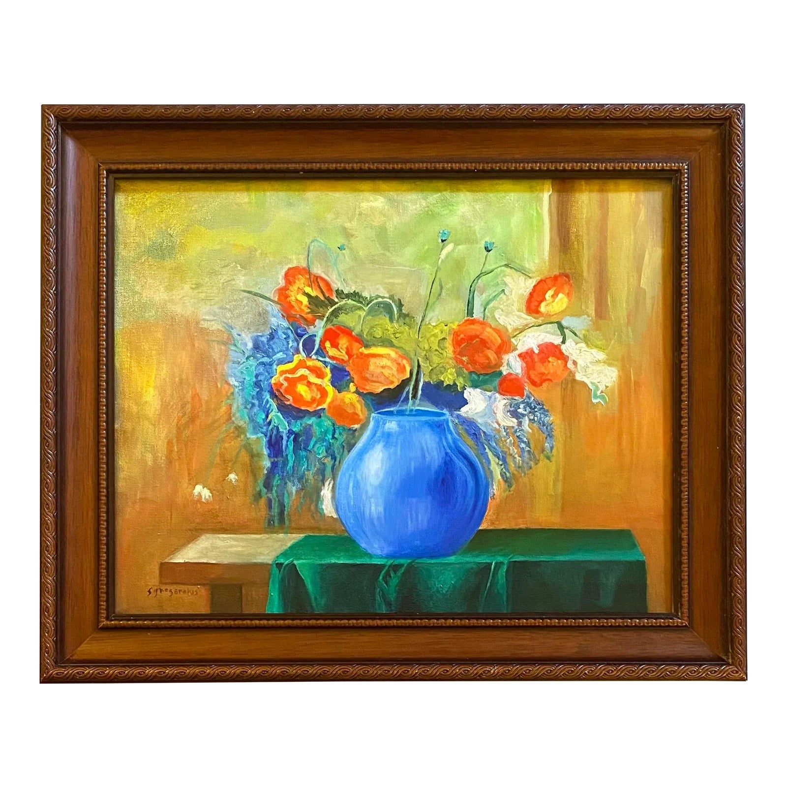 Original Satori Gregorakis Oil Painting of Flowers in a Blue Vase ...