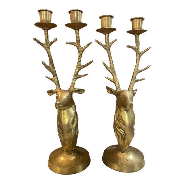 Pair of Late 19th Century Brass Deer/ Stag Elk Candle Holders | Chairish