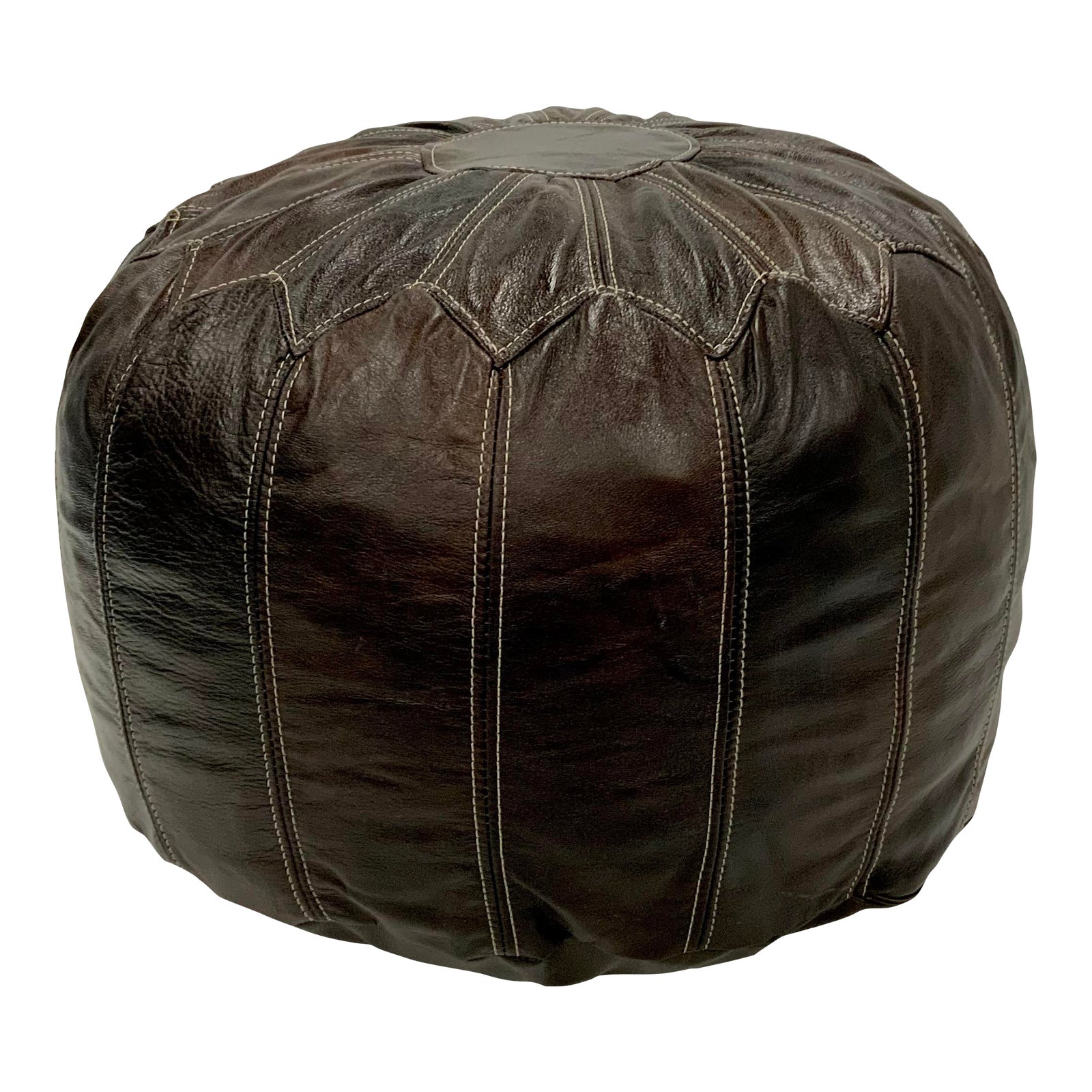 Modern Chocolate Brown Leather Poof Ottoman | Chairish