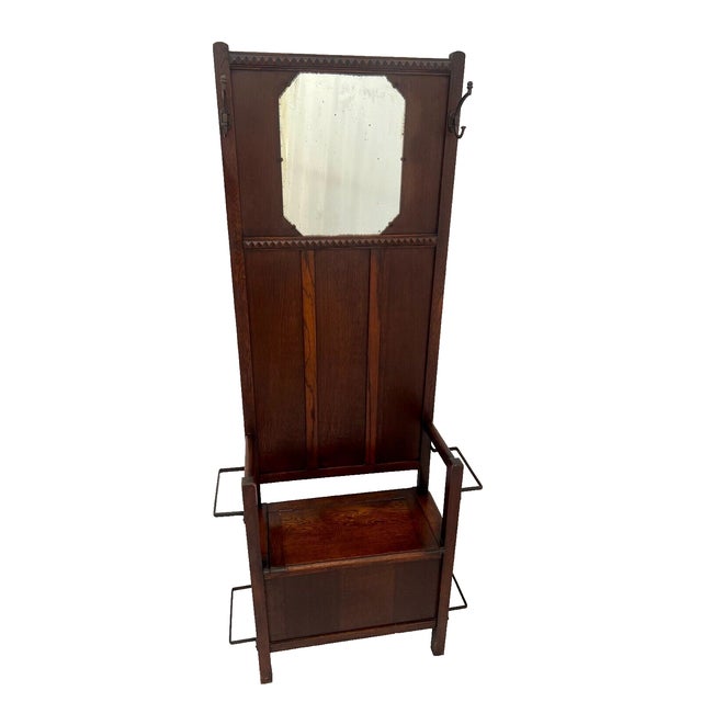 Antique Hall Tree Arts and Crafts Bench Mirror Oak Umbrella Stand Coat ...