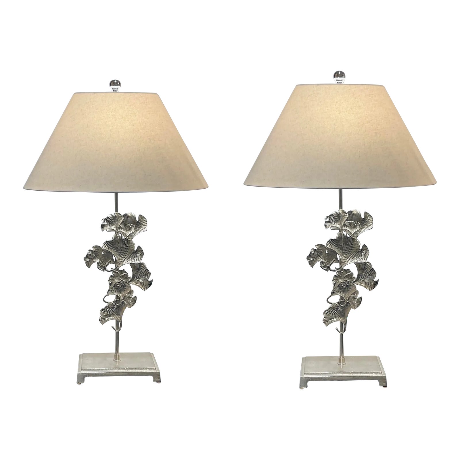 Currey & Co. Modern Silver Falling Ginkgo Leaves Table Lamps Pair ...