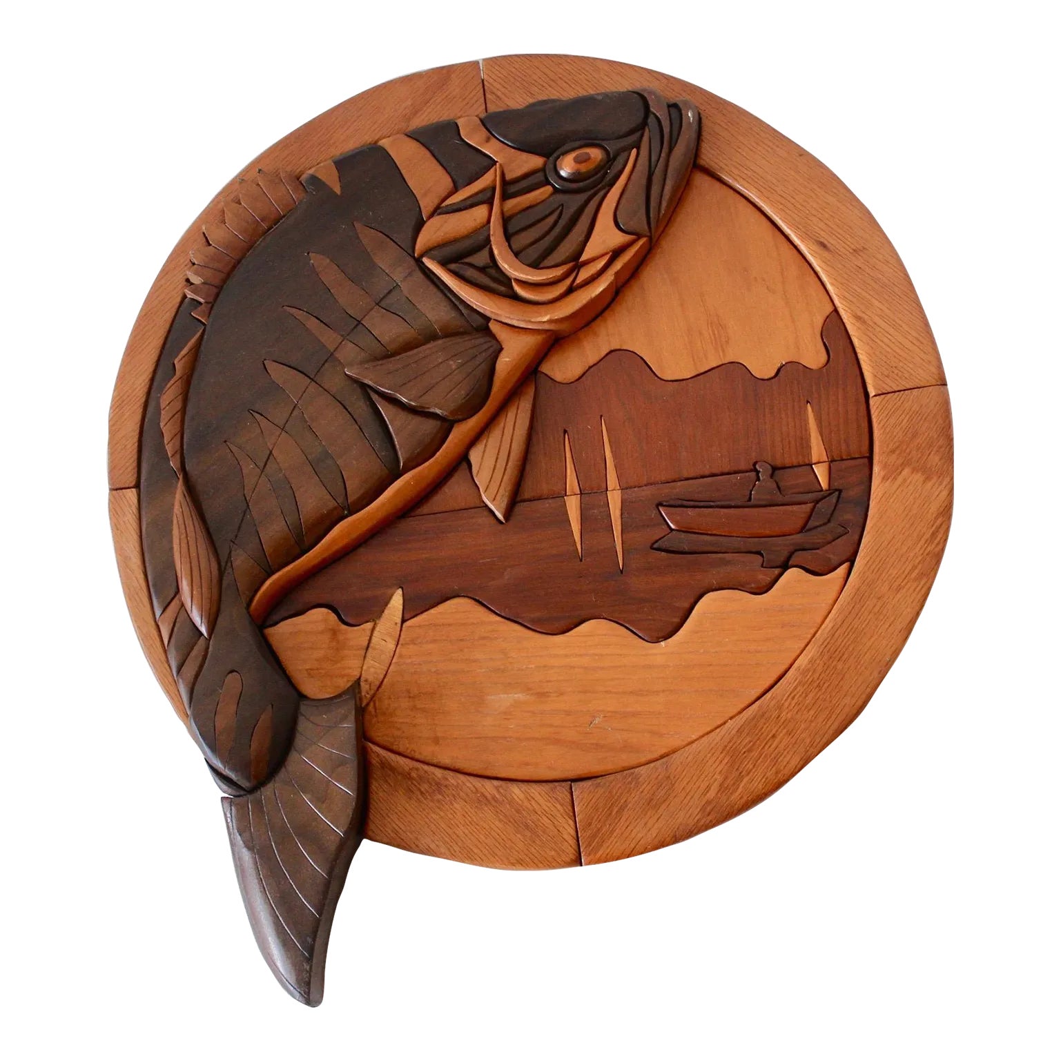 Vintage Intarsia Wood Fish and Lake Scene Wall Art | Chairish