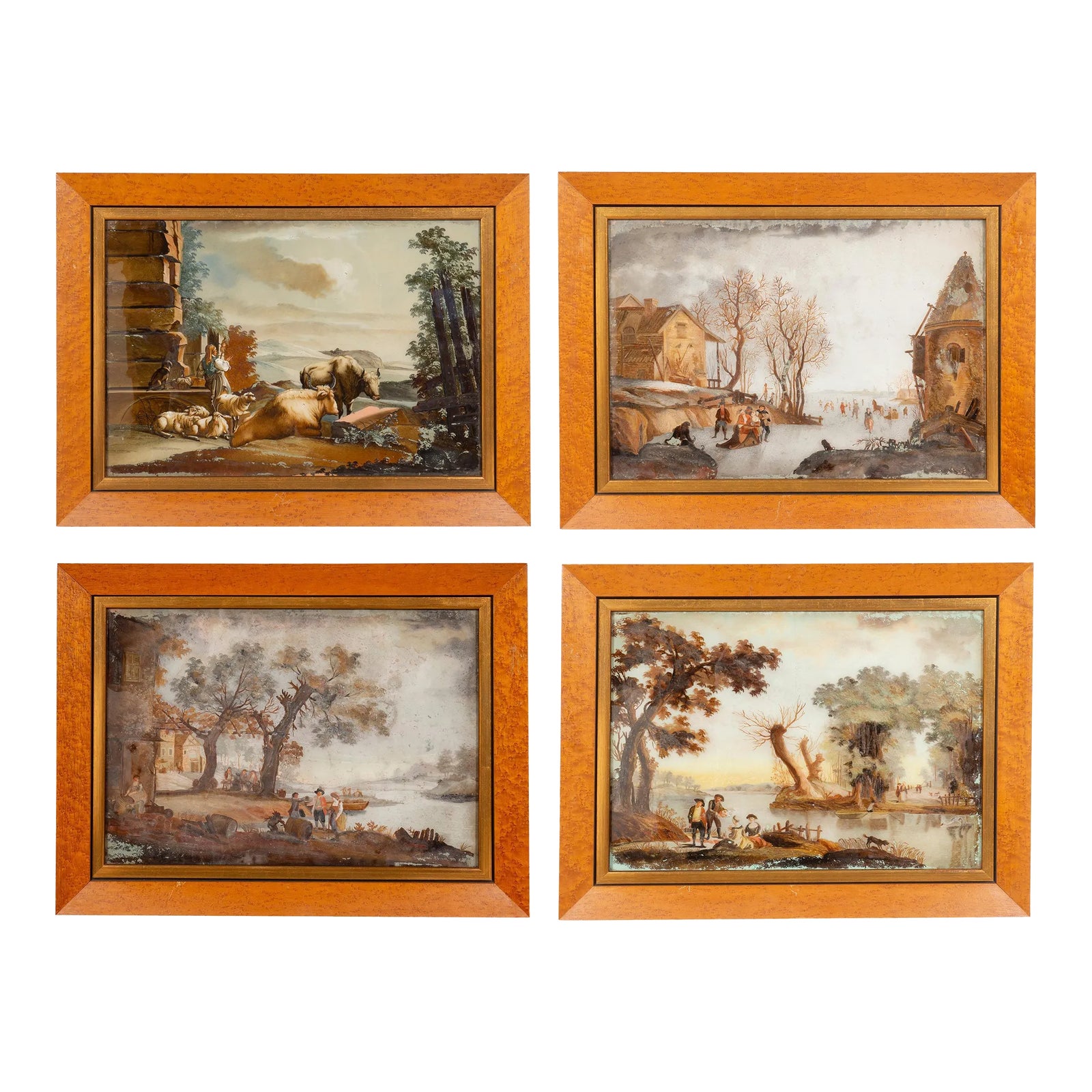 Eighteenth Century Dutch Reverse Paintings on Glass - Set of 4 | Chairish