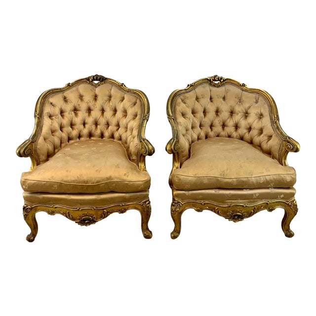 Antique French Tufted Gold Gilt Lounge Chair Pair | Chairish