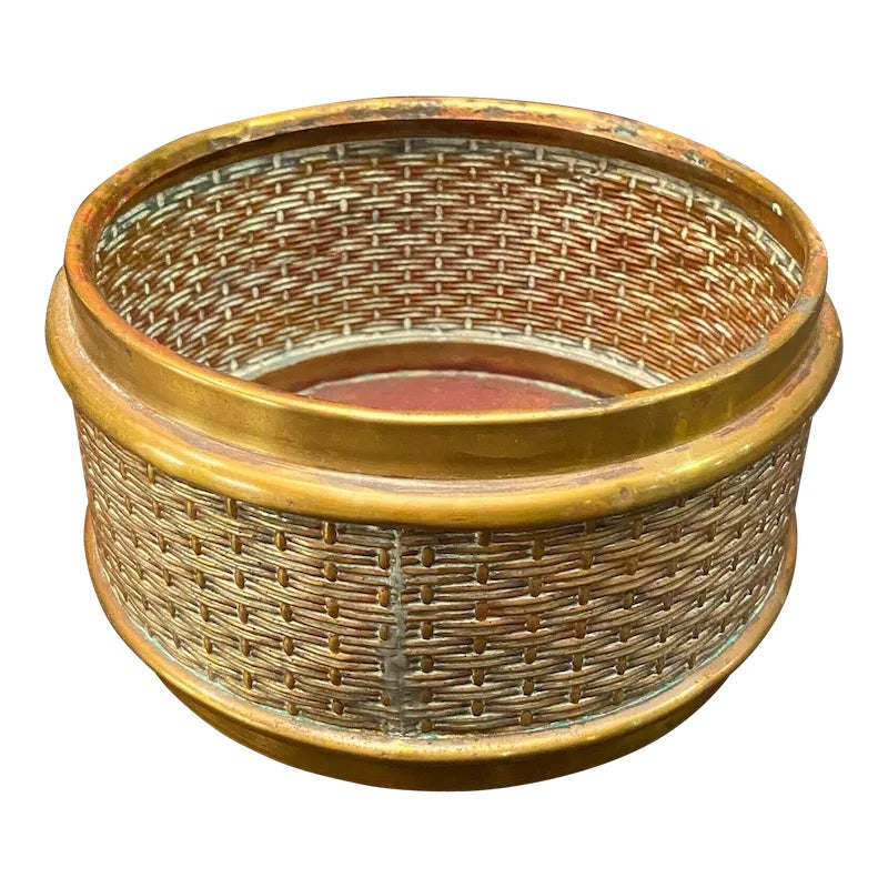 Vintage Solid Brass Round Basketweave Pattern Planter | Chairish