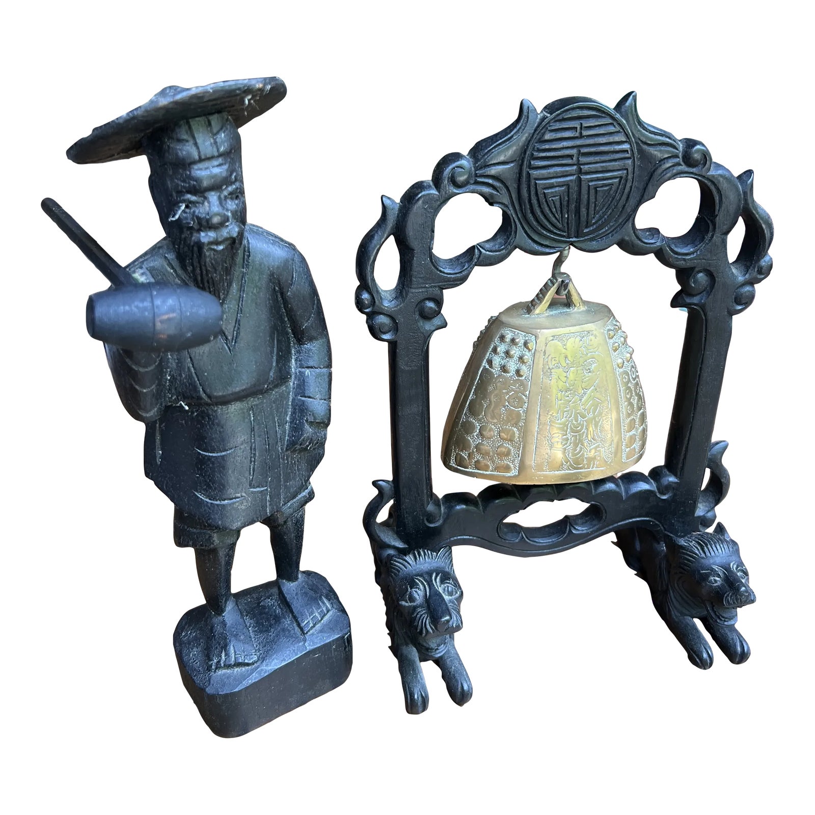 Antique Asian Wooden and Brass Gong Set- 2 Pieces | Chairish