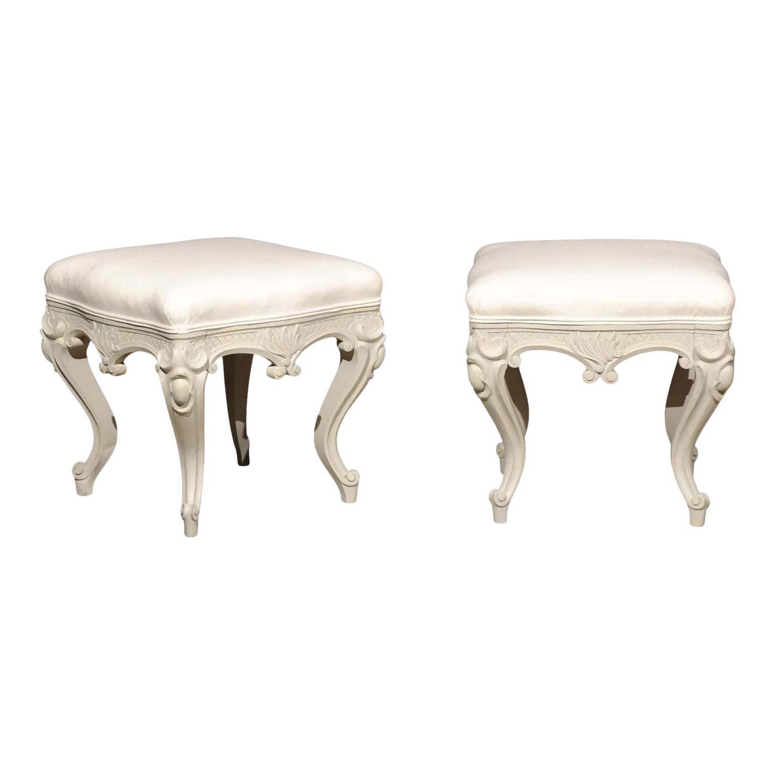 1890s Swedish Rococo Style Carved Painted Upholstered Stools - a Pair ...