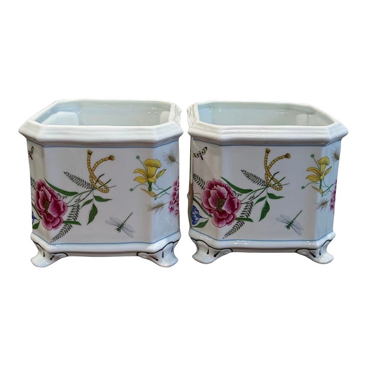 Pair of 1990s Lynn Chase Flores Pink Peony Floral Dragonfly Footed ...