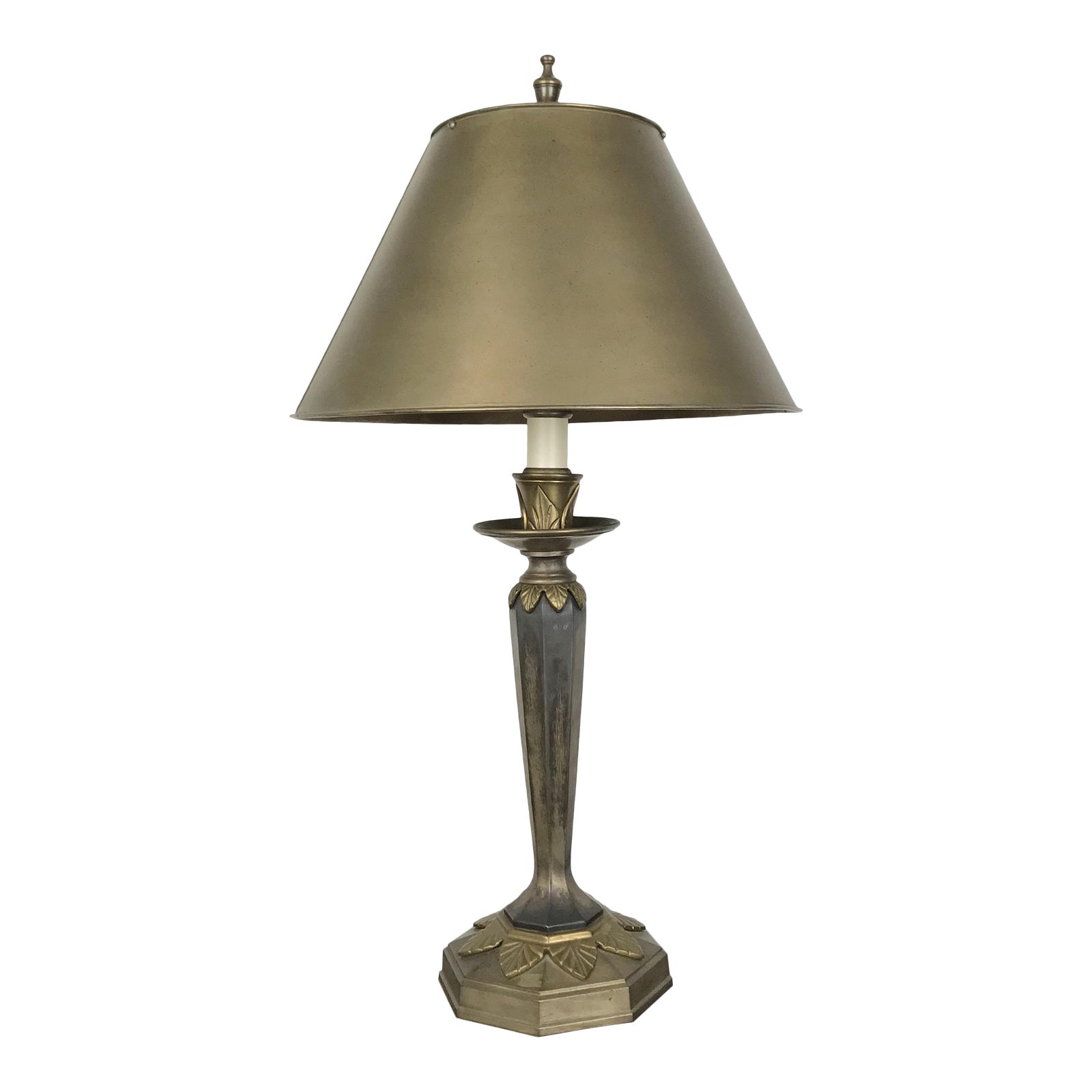 Metal Table Lamp With Column Base and Stylized Leaf Design on Base ...