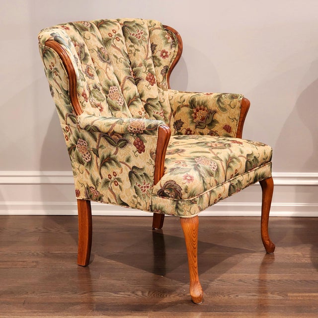 Vintage Woven English Botanical Curved Wingback Chair | Chairish