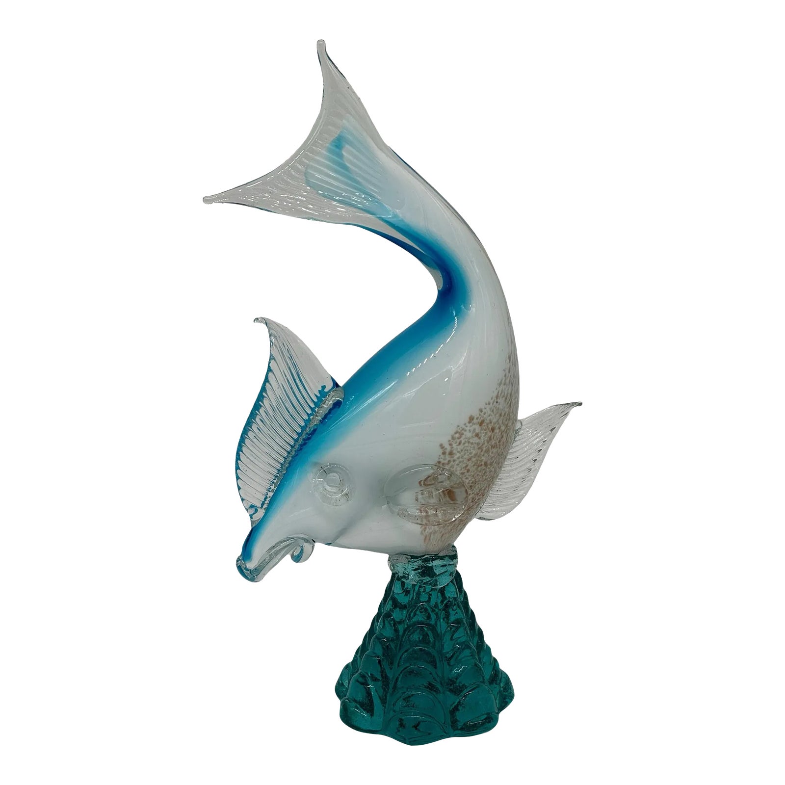 Late 20th Century Venetian Hand Blown Blue and White Glass Fish W Gold ...