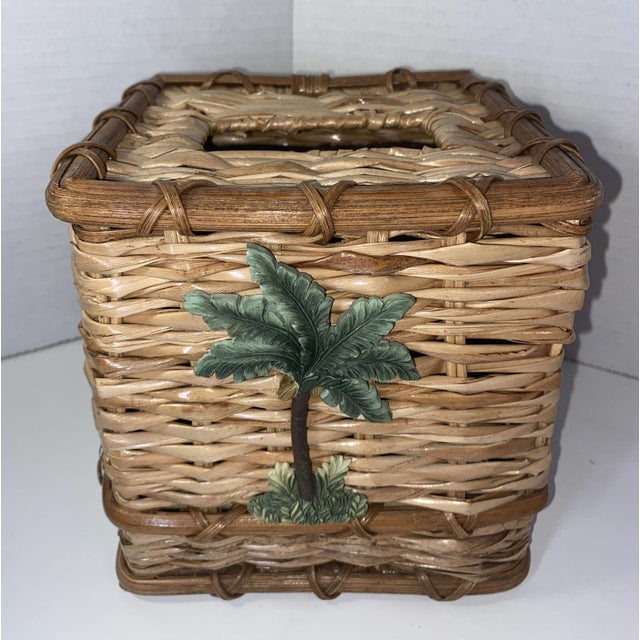 Vintage Palm Tree Rattan Wicker Tissue Box | Chairish