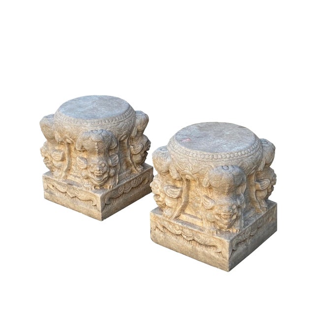 Pair Chinese Foo Dog Carving Marble Stone Base Garden Stool Tables ...