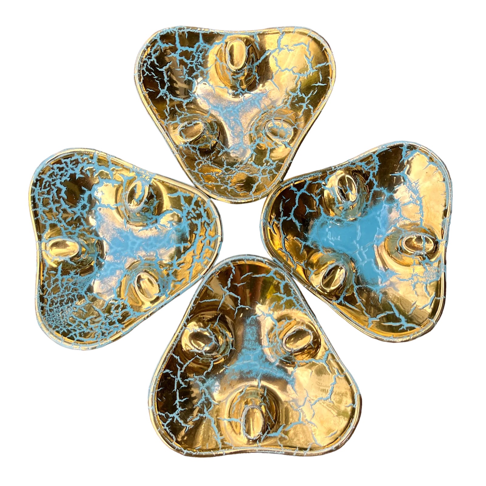 Mid Century Crackled Gold Gilding Over Turquoise Blue Glaze Triangular ...