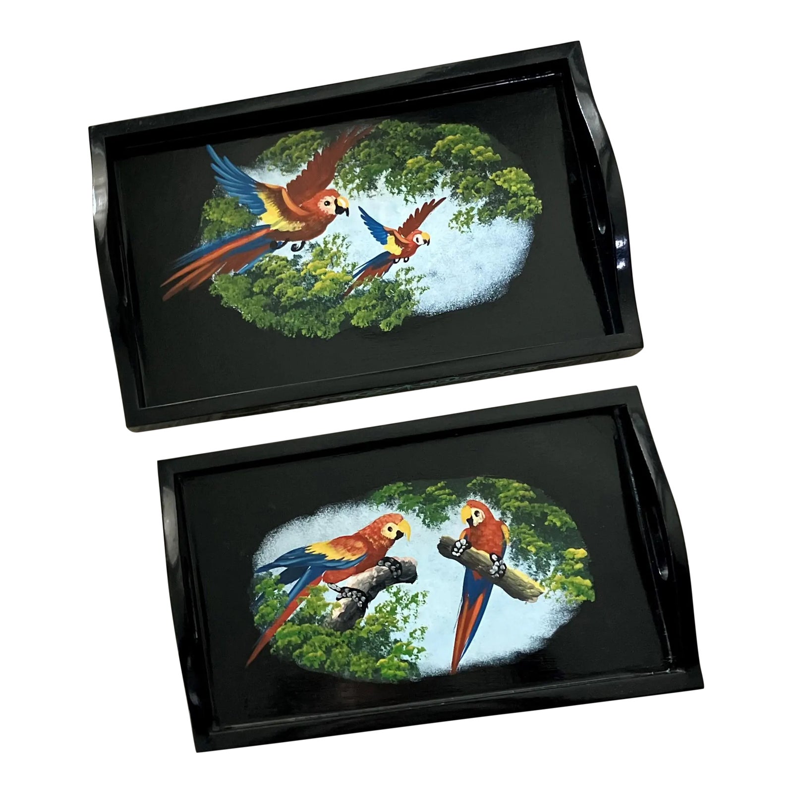 Late 20th-Century Wooden Black Lacquered Tiki-Style Hand Painted Parrot ...