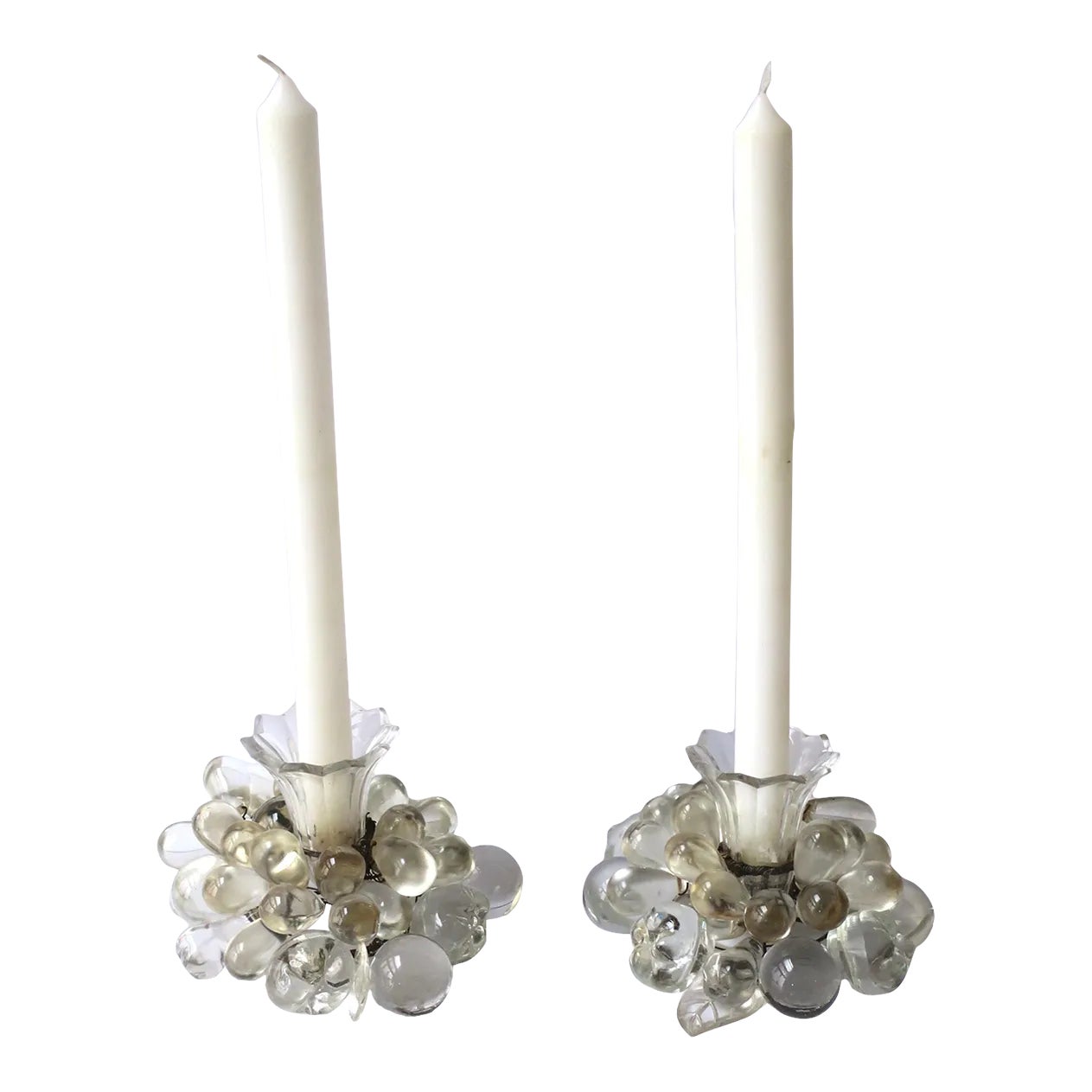 Art Deco Crystal Fruit and Leaf Candlestick Holders, Pair | Chairish