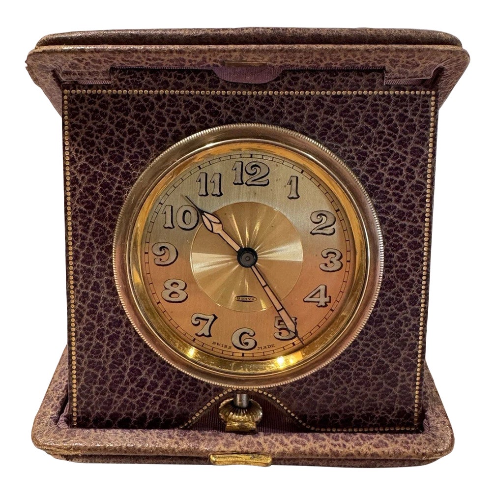 Antique Swiss Art Deco Travel or Desk Clock in Purple Leather Case ...
