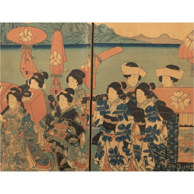 Edo Era Utagawa Kunisada Woodblock Print Triptych Byobu Screen C. 1850s | Chairish